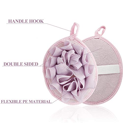 6 Pieces Bath Shower Loofah Pouf Sponge Mesh Pouf Shower Ball Exfoliating Body Loofah Pad Shower Scrubber Ball Shower Glove with Flower Bath Ball (Beige, Green, Purple)