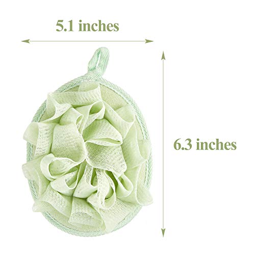 6 Pieces Bath Shower Loofah Pouf Sponge Mesh Pouf Shower Ball Exfoliating Body Loofah Pad Shower Scrubber Ball Shower Glove with Flower Bath Ball (Beige, Green, Purple)