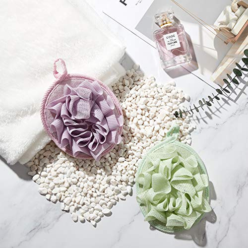 6 Pieces Bath Shower Loofah Pouf Sponge Mesh Pouf Shower Ball Exfoliating Body Loofah Pad Shower Scrubber Ball Shower Glove with Flower Bath Ball (Beige, Green, Purple)