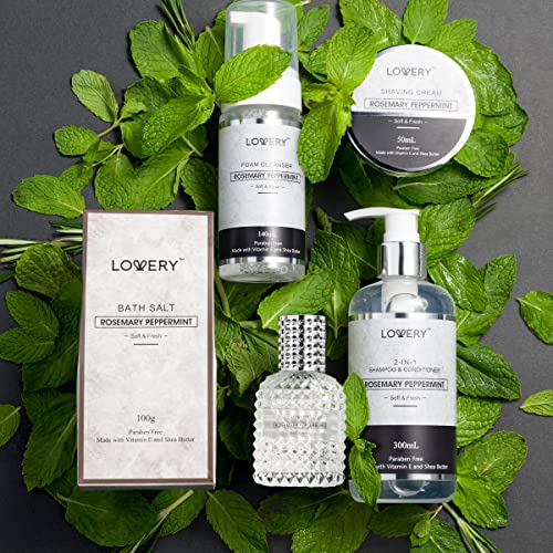 Gifts for Men, Bath and Body Grooming Self Care Baskets, Rosemary Peppermint Birthday Gifts for Dad, Husband, Him Boyfriend, Spa Basket with Pheromone Perfume, Foam Soap, Beard Brush & More