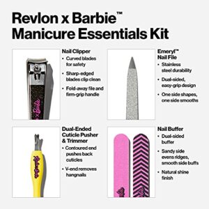 Revlon x Barbie Manicure Essentials Kit, 4 Piece Stainless Steel Beauty Set Includes Nail Buffer, Emeryl File, Cuticle Pusher, Nail Clipper & Travel Case ( color may vary)