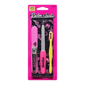 Revlon x Barbie Manicure Essentials Kit, 4 Piece Stainless Steel Beauty Set Includes Nail Buffer, Emeryl File, Cuticle Pusher, Nail Clipper & Travel Case ( color may vary)