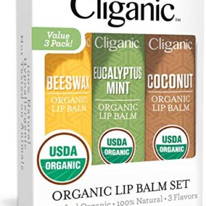 Cliganic USDA Organic Lip Balm Set - 3 Flavors - 100% Natural Moisturizer for Cracked & Dry Lips