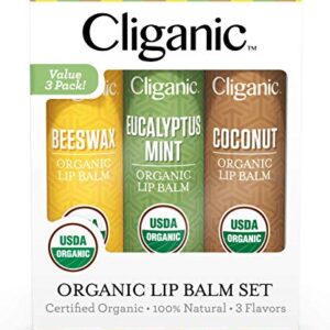 Cliganic USDA Organic Lip Balm Set - 3 Flavors - 100% Natural Moisturizer for Cracked & Dry Lips