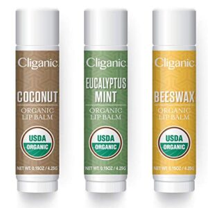 Cliganic USDA Organic Lip Balm Set - 3 Flavors - 100% Natural Moisturizer for Cracked & Dry Lips