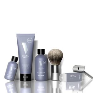 bevel shaving kit for men, includes safety razor with 20 replacement blades, luxury shaving brush, pre shave oil, shave cream and post shave balm