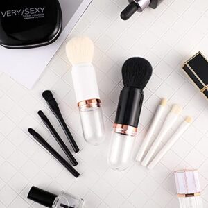 Geiserailie 2 Sets Small Makeup Brush Set 4 in 1 Makeup Brush Portable Travel Lip Brush Foundation Blending Powder Brush Retractable Mini Facial Cosmetic Makeup Brush Set (Black, White)