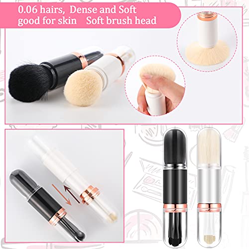 Geiserailie 2 Sets Small Makeup Brush Set 4 in 1 Makeup Brush Portable Travel Lip Brush Foundation Blending Powder Brush Retractable Mini Facial Cosmetic Makeup Brush Set (Black, White)