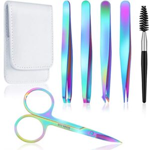 6 pieces eyebrow tweezers set with curved scissors, eyelash brush stainless steel brow remover tools for women and girls, hair plucking daily beauty tool with storage case (rainbow color)