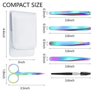 6 Pieces Eyebrow Tweezers Set with Curved Scissors, Eyelash Brush Stainless Steel Brow Remover Tools for Women and Girls, Hair Plucking Daily Beauty Tool with Storage Case (Rainbow Color)