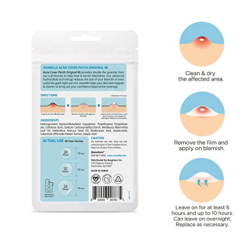 Avarelle Pimple Patches (40 Count) Hydrocolloid Acne Cover Patches | Zit Patches for Blemishes, Zits and Breakouts with Tea Tree, Calendula and Cica Oil for Face | Vegan, Cruelty Free Certified, Carbonfree Certified (40 PATCHES) (MEDIUM, 80)