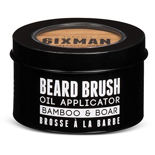 6IXMAN™ BEARD BRUSH - BAMBOO AND BOAR BRISTLE – For Short to Medium Beards, Easy-grip handle, Travel Friendly, Exfoliating, Beard Oil Applicator – Includes Travel Tin