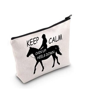 g2tup horse lover gift keep calm chin up heels down makeup bag cowgirl equestrian rider cosmetic bag horse riding gift horse zipper travel bag (chin up heels down white bag)