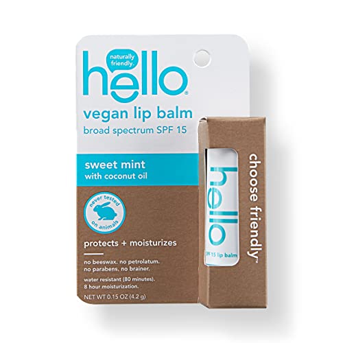 Hello Moisturizing Vegan Lip Balm, Sweet Mint SPF 15, Beeswax Free, Petrolatum Free, and Parabens Free, 0.15 Ounce, 1 Pack