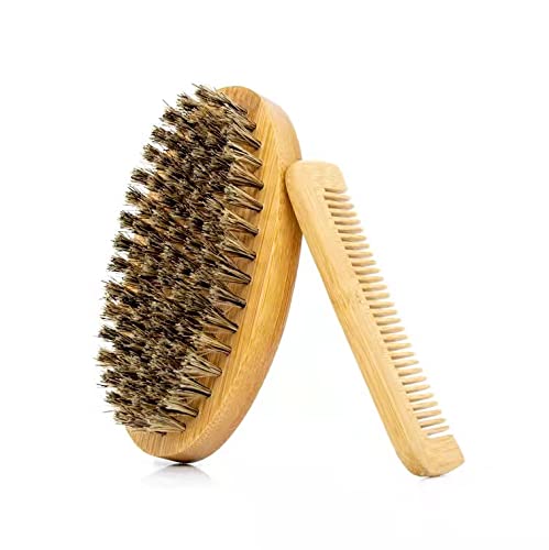 Aokes Beard Brush and comb for Men-100% Natural Wooden & Black Boar Bristle for Mens Grooming Hair and Beard, hair& beard comb for men (Light Brown)