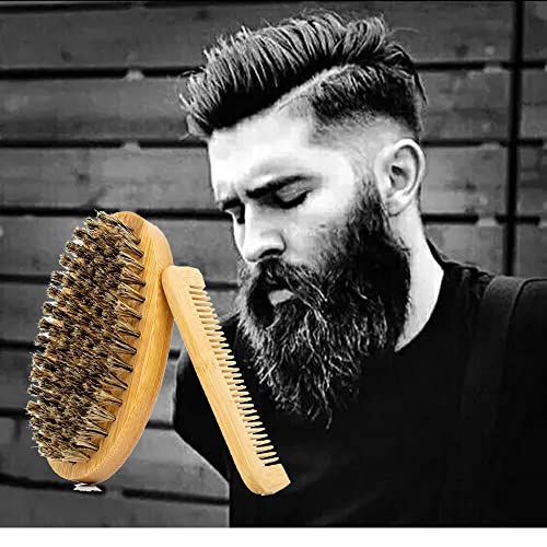 Aokes Beard Brush and comb for Men-100% Natural Wooden & Black Boar Bristle for Mens Grooming Hair and Beard, hair& beard comb for men (Light Brown)