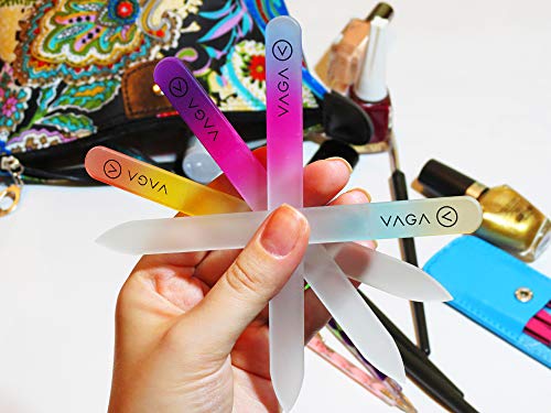 VAGA Glass Nail File with Case 4 Glass Nail Files For Natural Nails and Acrylic Nail filer, Nail Care Set of Crystal Files in Cheeky Colors, Fingernail File for Manicure, Nails Strengthener hardener