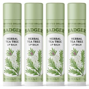 badger – herbal lip balm, tea tree & lemon, certified organic lip balm, fair trade, herbal lip care, 0.15 oz (4 pack)