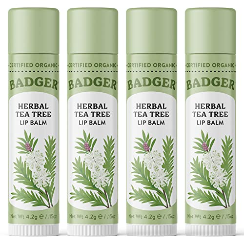 Badger - Herbal Lip Balm, Tea Tree & Lemon, Certified Organic Lip Balm, Fair Trade, Herbal Lip Care, 0.15 oz (4 Pack)