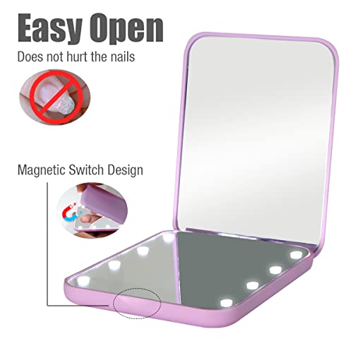 wobsion Compact Mirror, Magnifying Mirror with Light, 1x/3x Handheld 2-Sided Magnetic Switch Fold Mirror,Small Travel Makeup Mirror,Pocket Mirror for Handbag,Purse,Gifts for Girls(Purple)