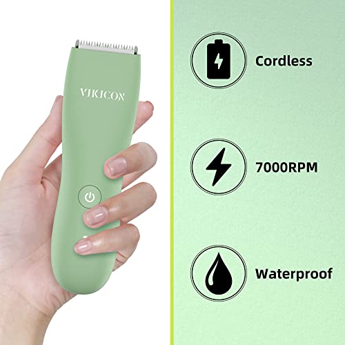 VIKICON Body Hair Trimmer for Men and Women: Electric Groin & Ball Shaver,Cordless Trimmer Clippers Ultimate Male Hygiene Razor, Replaceable Ceramic Blade Heads with Charging Dock,Green