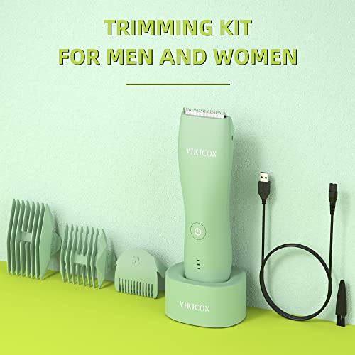 VIKICON Body Hair Trimmer for Men and Women: Electric Groin & Ball Shaver,Cordless Trimmer Clippers Ultimate Male Hygiene Razor, Replaceable Ceramic Blade Heads with Charging Dock,Green