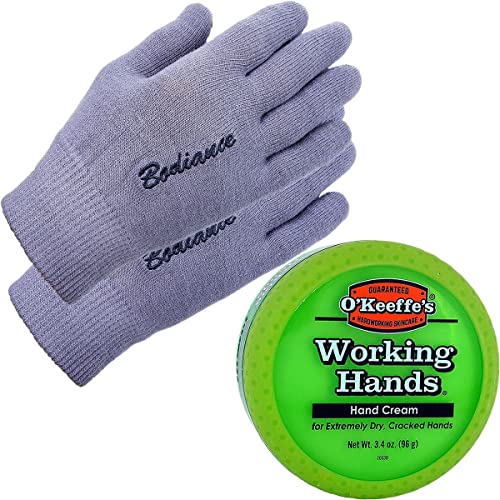 Hand Cream for Dry Cracked Hands and Hand Repair Gloves Bundle: O'Keeffe's Working Hands Cream (Unscented, Non-Greasy 3.2 oz.), Gel Moisturizing Gloves Men or Women (1 pair, Gray, Unscented)