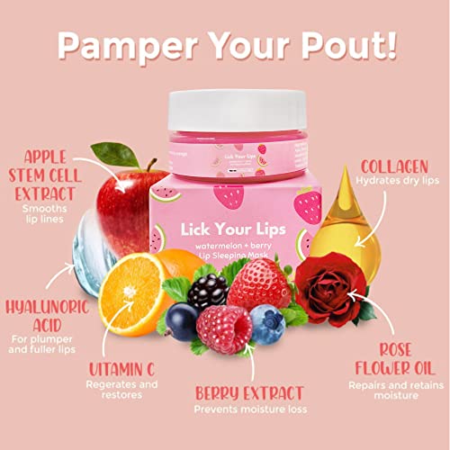 Lick Your Lips Berry Lip Sleeping Mask, Overnight Lip Mask, Moisturizer Hydrating Natural Lip care Treatment for Dry Cracked Chapped lips, Moisture & Collagen Booster, Lip Balm, Hyaluronic Acid, Vitamin C, Collagen, Vegan Cruelty Free