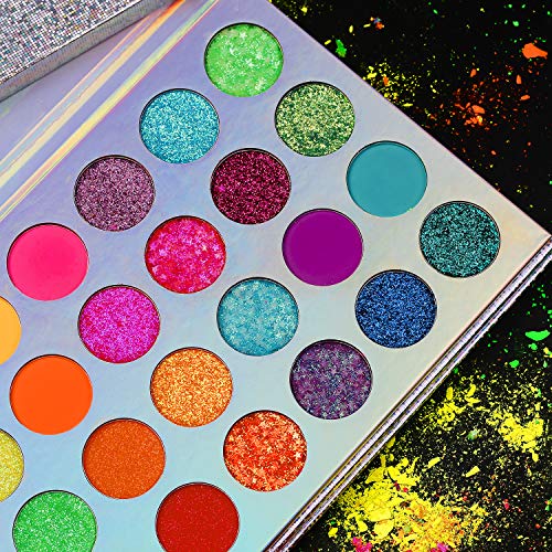 Neon Glitter Eyeshadow Palette Makeup,Afflano UV Glow Blacklight Highly Pigmented Palette Eye Shadow Pallets,Matte Bright Colorful Rainbow Blue Red Orange Purple Green Pressed Glitter Makeup Palettes