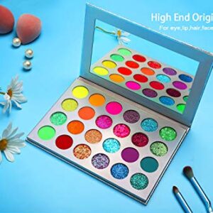 Neon Glitter Eyeshadow Palette Makeup,Afflano UV Glow Blacklight Highly Pigmented Palette Eye Shadow Pallets,Matte Bright Colorful Rainbow Blue Red Orange Purple Green Pressed Glitter Makeup Palettes