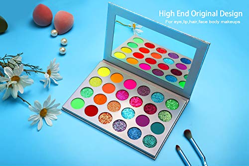 Neon Glitter Eyeshadow Palette Makeup,Afflano UV Glow Blacklight Highly Pigmented Palette Eye Shadow Pallets,Matte Bright Colorful Rainbow Blue Red Orange Purple Green Pressed Glitter Makeup Palettes