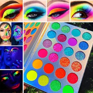 Neon Glitter Eyeshadow Palette Makeup,Afflano UV Glow Blacklight Highly Pigmented Palette Eye Shadow Pallets,Matte Bright Colorful Rainbow Blue Red Orange Purple Green Pressed Glitter Makeup Palettes