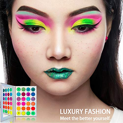 Neon Glitter Eyeshadow Palette Makeup,Afflano UV Glow Blacklight Highly Pigmented Palette Eye Shadow Pallets,Matte Bright Colorful Rainbow Blue Red Orange Purple Green Pressed Glitter Makeup Palettes