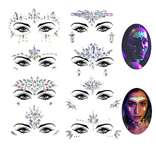 Le Fu Li 8 Sets Noctilucent Face Gems Luminous Temporary Tattoo Stickers Acrylic Crystal Glitter Stickers Waterproof Face Jewels Rainbow Tears Rhinestone for Party, Rave Festival