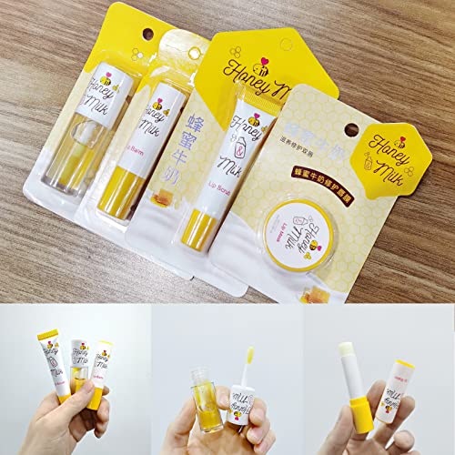 LSxia 4 Piece Honey Milk Lip Mask Lip Balm Lip Scrub Lip Oil Lip Care Kit, Moisturizing & Nourishing Dry and Cracked Lips, Overnight Sleeping Lip Exfoliator Lip Moisturizer Lip Repair Holiday Gift Set