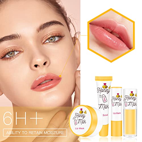 LSxia 4 Piece Honey Milk Lip Mask Lip Balm Lip Scrub Lip Oil Lip Care Kit, Moisturizing & Nourishing Dry and Cracked Lips, Overnight Sleeping Lip Exfoliator Lip Moisturizer Lip Repair Holiday Gift Set