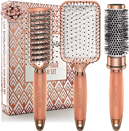 Hair Brush Set - Luxury Hairbrushes for Detangling, Blow Drying, Straightening - Suitable for All Hair Types by Lily England (Rose Gold)