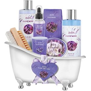 relaxing lavender spa bath gift baskets for women-girls, christmas, birthday, bath and body set-kit includes candle, essential oil, body scrub, bath salt, body lotion, shower gel and body scrub brush