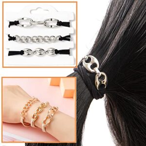 Bracelet Hair Ties With Gold Silvery and Beige Elastic,2 in 1 No Crease Hair Ponytails & Elastic,Looks Cute On Your Wrist And Great In Your Hair (3PCS, Black Silver-A)