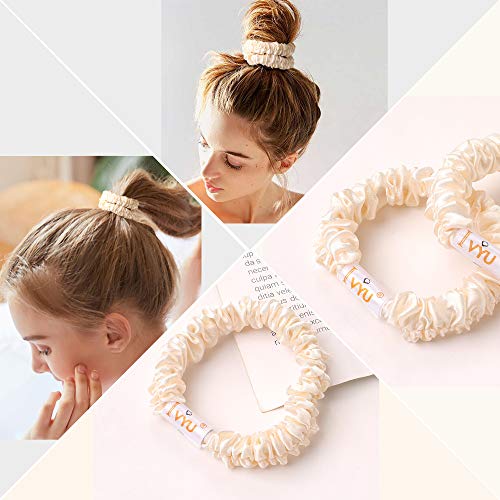 Hair Ties Silk Satin Scrunchies - Small Mini Thin Elestics Ponytail Holder Hair Bands Skinny Scrunchy For Thick Curl Hair No Crease Hair Ties Soft Accessories No Hurt Your Hair for Women and Girls (Beige)