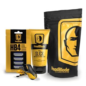 moto men’s head shaving starter kit with 5oz headslick shaving cream, shaving razor, blade refills