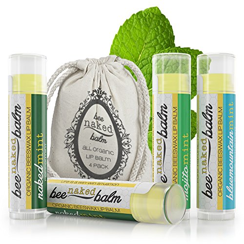 BeeNakedBalm Organic Lip Balm - Mint Lover's Variety 4 Pack - 100% Natural, 100% USA-Made, Gluten Free, Buttery Smooth Recipe - Peppermint, Spearmint & Eucalyptus Mint Flavors plus a FREE Cotton Pouch