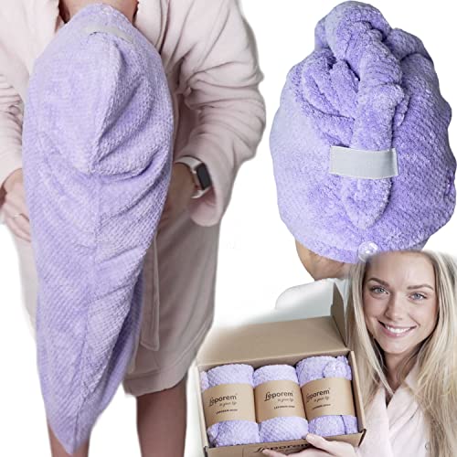 Leporem 3 Pack Huge 30" X 11" Super Absorbent & Quick Dry Microfiber Hair Turban for Curly, Long & Thick Hair, Hair Repair Towel Wrap for Women, Kids, Rapid Drying Hair Caps (Hydrangea Purple)