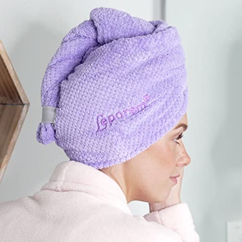 Leporem 3 Pack Huge 30" X 11" Super Absorbent & Quick Dry Microfiber Hair Turban for Curly, Long & Thick Hair, Hair Repair Towel Wrap for Women, Kids, Rapid Drying Hair Caps (Hydrangea Purple)