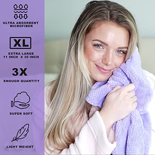 Leporem 3 Pack Huge 30" X 11" Super Absorbent & Quick Dry Microfiber Hair Turban for Curly, Long & Thick Hair, Hair Repair Towel Wrap for Women, Kids, Rapid Drying Hair Caps (Hydrangea Purple)