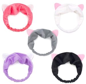 onwon 5 pcs cat ear headbands, washing face shower headbands, fluffy elastic makeup hairbands, beauty lovely spa head bands, makeup wrap, elastic makeup hair bands for spa sport