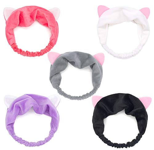 Onwon 5 Pcs Cat Ear Headbands, Washing Face Shower Headbands, Fluffy Elastic Makeup Hairbands, Beauty lovely Spa Head Bands, Makeup Wrap, Elastic Makeup Hair Bands for Spa Sport