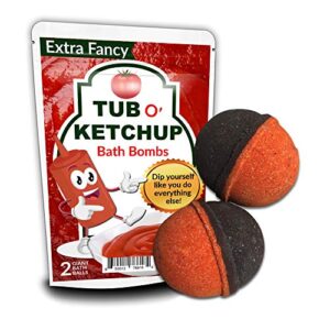 tub o ketchup bath bombs – funny ketchup colored bath balls for men – xl black cherry bath fizzers, handcrafted, made in america, 2 count