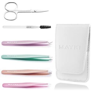 tweezers for women 6pcs, professional tweezers for eyebrow, precision eyebrow tweezers set for eyelash/ingrown hairs/splinter/facial hair removal, stainless steel women tweezers by mayki