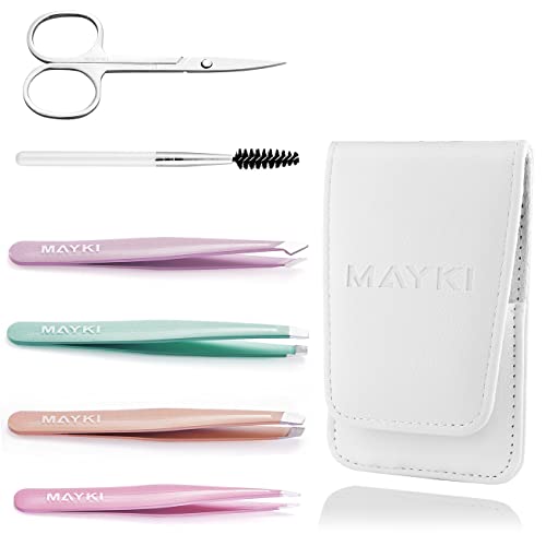 Tweezers for Women 6PCS, Professional Tweezers for Eyebrow, Precision Eyebrow Tweezers Set for Eyelash/Ingrown Hairs/Splinter/Facial Hair Removal, Stainless Steel Women Tweezers by MAYKI